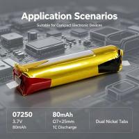China 07250 3.7V-4.2V 80mAh Li Polymer Lithium Ion Battery 7*25mm 1C Discharge Rate 300 Cycles 3.5g with Nickel Tabs for sale