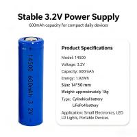 China Cylindrical 14500 LiFePO4 Cell 3.2V 600mAh Rechargeable Lithium Iron Phosphate Cell for Flashlight Toy Home Appliance for sale