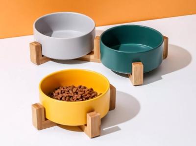 China Unique Ceramic Pet Feed Bowl With Wooden Stand Cat Food Drinking Bowl Dish for sale