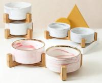 China Marble Pattern Pet Dog Feeding Bowl Ceramics Water Bowl With Bamboo Wood Stand for sale