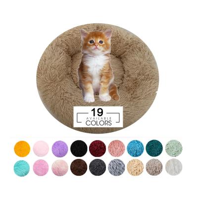China Round Plush Pet Anti Anxiety Fluffy Cat Bed Waterproof Bottom With Soft Blanket for sale