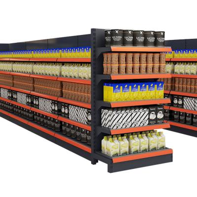 China Four Side Metal Display Rack Shelf Supermarket Advertising Gondola Shelving for sale