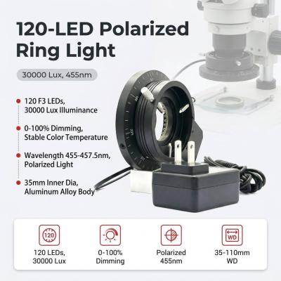 China Supplier 120-LED Polarized Ring Light 30000lx 0-100% Dimmable for Microscope Inspection Aluminum Alloy MSS-A-LED120PZ for sale