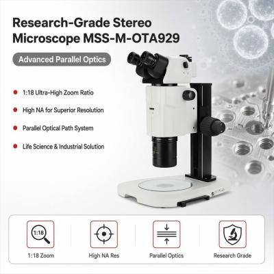 China Manufacturer High NA 1:18 Zoom Parallel Stereo Microscope for Life Science Research CE FCC MSS-M-OTA929 for sale