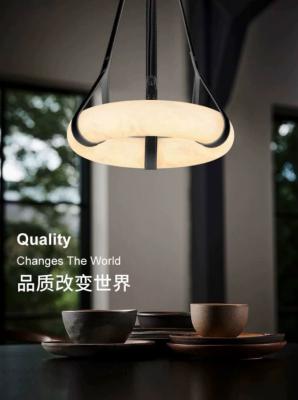 China Luxury Leather Chandelier Marble Circle Kitchen Living Room Creative Art Alabaster Light Hanging Lamp for sale