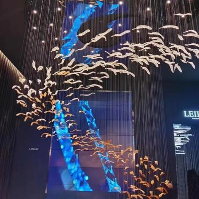 China Project Custom Hotel Lobby Villa Mall Staircase Hanging Hand Blown Glass Feather Leaf Led Chandelier Pendant Light for sale