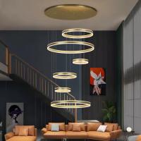 China Hotel Villa Stairs High Ceiling Hanging Black Coffee Gold Round Circle Ring Led Chandelier Pendant Light for sale