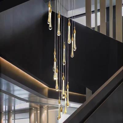 China Modern Simple Crystal Water Drop Stairwell Chandelier 3200-6500K Three Colors Change Light For Duplex Hotel Restaurant Villa for sale
