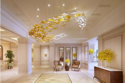China Customized Project Luxury Hall Banquet Lighting Solutions With Auto CAD Layout And Large LED Art Glass Leaf Shape Chandelier for sale