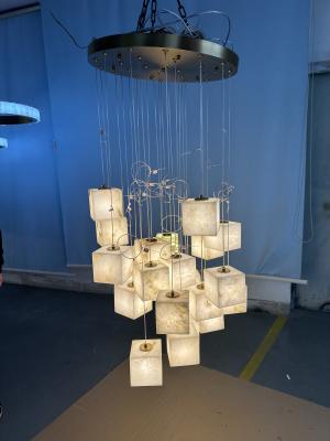 China Customized Modern Luxury Square LED Brass Chandelier with Large Alabaster Pendant Adjustable Height for Living Room for sale