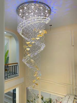 China Modern Long Staircase Lighting Fixture Luxury Fiber Optic Spiral Raindrop Crystal Ceiling Chandeliers for sale