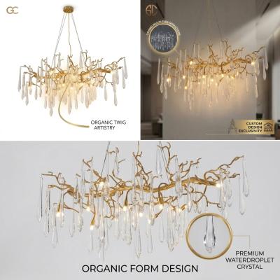 China Custom Cascade Rain Crystal Chandelier Gold Rods Hotel Gallery Villa Club Luxury Linear Pendant Light for sale