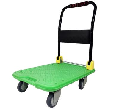 China 300kg Capacity Plastic Platform Trolley Hand Cart with Four-Wheel Design for Warehouse and Industrial Use for sale