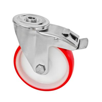 China 304 Stainless Steel Bolt Hole Swivel Caster Wheel 4 Inch 300kg Red PU Tread for sale