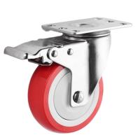 China Double Ball Bearing Medium Duty Waterproof Stainless Steel Red PU Caster Wheel 85-135kg for sale