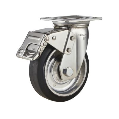 China Industrial Heavy Duty 4-8 Inch Aluminum Core Rubber Swivel Caster Wheel with Double Ball Bearings and Brake 304 Stainless Steel for sale