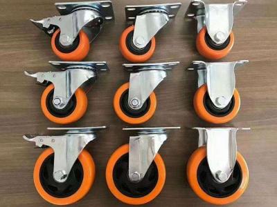 China Orange Industrial Caster Wheels 2 to 5 Inch Medium Duty PU Swivel Fixed Brake 50 to 120 kg Capacity for sale
