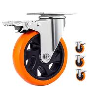 China Orange Industrial Caster Wheels 2 to 5 Inch Medium Duty PU Swivel Fixed Brake 50 to 120 kg Capacity for sale