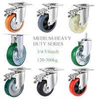 China Orange Industrial Caster Wheels 2 to 5 Inch Medium Duty PU Swivel Fixed Brake 50 to 120 kg Capacity for sale