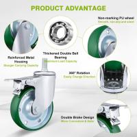 China 4 5 6 Inch Heavy Duty Steel Core Green PU Caster Wheels 360 Swivel for sale
