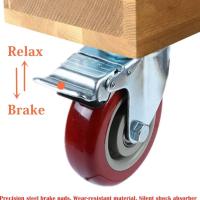 China 4 Inch Plate Swivel Red PU Caster Wheels with Brake 300 lbs Load Polyurethane Workbench Casters for sale