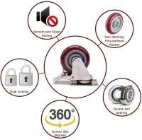 China 4 Inch Plate Swivel Red PU Caster Wheels with Brake 300 lbs Load Polyurethane Workbench Casters for sale