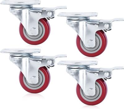 China 4 Inch Plate Swivel Red PU Caster Wheels with Brake 300 lbs Load Polyurethane Workbench Casters for sale