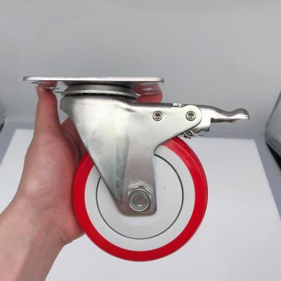 China Stainless Steel Workmanship Red 100mm 4 Inch Ball Bearing PU Polyurethane Rust-proof Caster Wheel for Food Service for sale