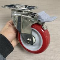China Stainless Steel Workmanship Red 100mm 4 Inch Ball Bearing PU Polyurethane Rust-proof Caster Wheel for Food Service with Nylon brake locking for sale