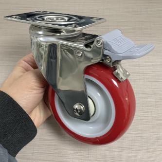 China Stainless Steel Workmanship Red 100mm 4 Inch Ball Bearing PU Polyurethane Rust-proof Caster Wheel for Food Service with Nylon brake locking for sale