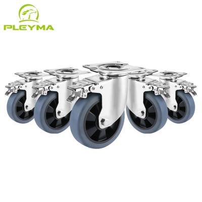 China TPR Rubber Steel Mid Heavy Duty Casters Double Ball Bearings 3-6 Inch Bolt Hole Solid Stem Blue Swivel Brake for sale