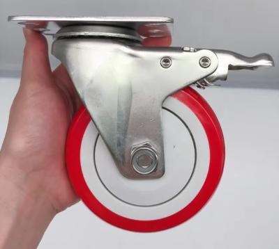 China 3 4 5 Inch Wheel 100-130kg Load Food Medical Industrial Machine Trolly Castor Medium Duty Red PU Swivel Caster With Brake for sale