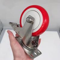 China 3 4 5 Inch Wheel 100-130kg Load Food Medical Industrial Machine Trolly Castor Medium Duty Red PU Swivel Caster With Brake for sale