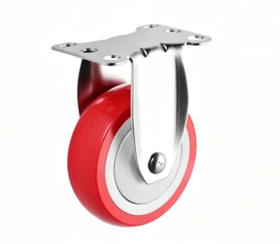 China 4 Inch Rigid Fixed Caster, Stainless Steel Bracket, Red PU Wheel, Medium‑Duty Industrial Caster for sale