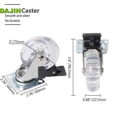 China 2 Inch 3 Inch 4 Inch 75mm Clear Swivel Brake Wheels Silicone Transparent Cabinet Office Chair Furniture Caster Wheel for sale