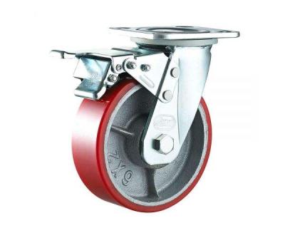 China Industrial Trolley 150mm Heavy Duty Cast Iron Core PU Polyurethane 4/5/6/8inch Swivel Caster Wheel with Brake for sale