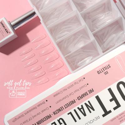 China Selling Units Single item 500pcs Soft Gel Tips Customs Logo White Box 12 Size Medium Coffin and Almond Pre Buffed Tips for Extension for sale