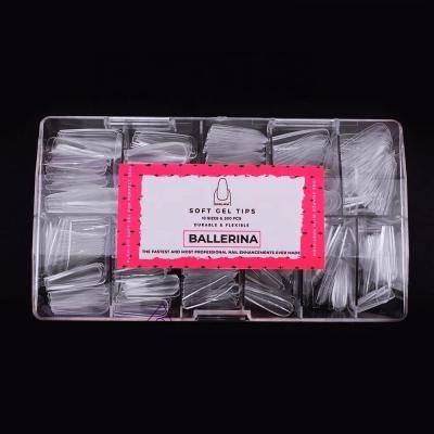 China 500pcs/box Custom Logo Soft Gel Clear Full Cover Medium Almond Long Coffin Nail Tips for Nails Extension MSDS Certified for sale
