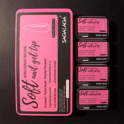 China MSDS Certified Clear Refill Coffin Nails Stiletto Soft Gel Nail Tip Short Almond X Nail Extension Tips Full Cover in 500pcs Pink Box Packaging for sale