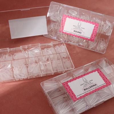 China Customers' Logo Salon Soft Gel Full Cover French Almond Stiletto Tip False Press on Nails Gel Tips Clear 500 MSDS Certified for sale
