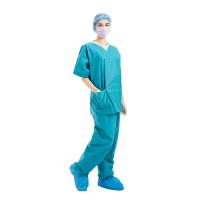 China Disposable Scrub Suits 45gsm SMS Nonwoven Hospital Scrubs Jacket and Pants for Food Industry for sale