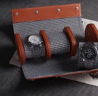 China Luxurious Leather Watch Storage Organizer Travel Watch Rolls With Houndstooth Cloth for sale