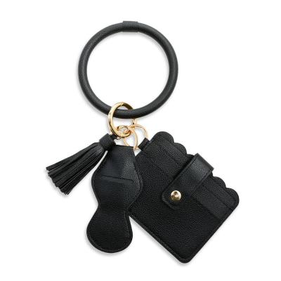 China Custom Fashion Leather Card Holders Round Keyring Bangle Wristlet Leather Wallet for sale