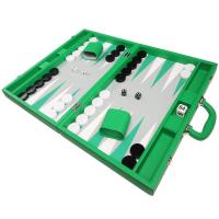 China Handmade Green Leather Travel Backgammon Set Box Portable Custom Color for sale