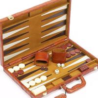 China Light Brown PU Leather Backgammon Set Board Game Box Custom Size Design for sale