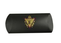 China Custom Black Paper Pillow Box Packaging With Hot Stamping Purple Logo for sale