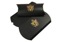 China Custom Black Paper Pillow Box Packaging With Hot Stamping Purple Logo for sale