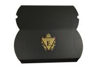 China Custom Black Paper Pillow Box Packaging With Hot Stamping Purple Logo for sale