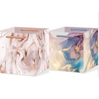 China Custom Printed Large Square Bottom Paper Carrier Bags With Satin Ribbon Handles for sale