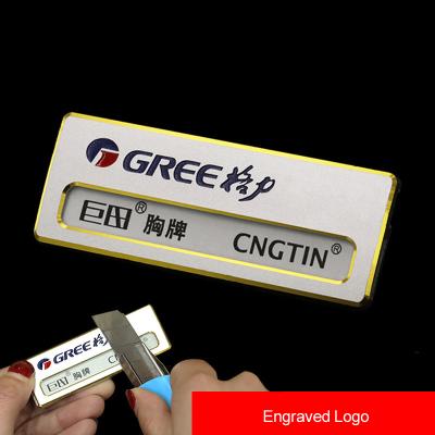 China Custom Engraved Name Tags Magnetic With Logo Color Filling Reusable Metal Name Badges for sale